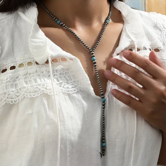 Free People | Jewelry | New Addie Gray And Turquoise Blue Beaded Bolo Y ...